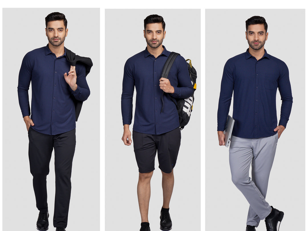 Solid Navy Workday Shirt with Raglan Sleeves – Harfun.in